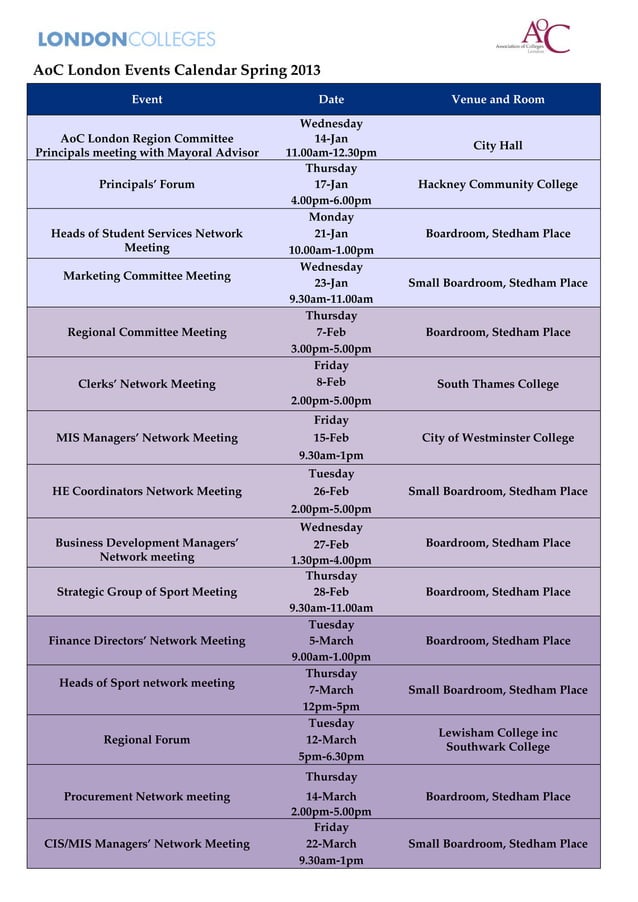 AoC London Events Calendar Spring 2013 | PDF