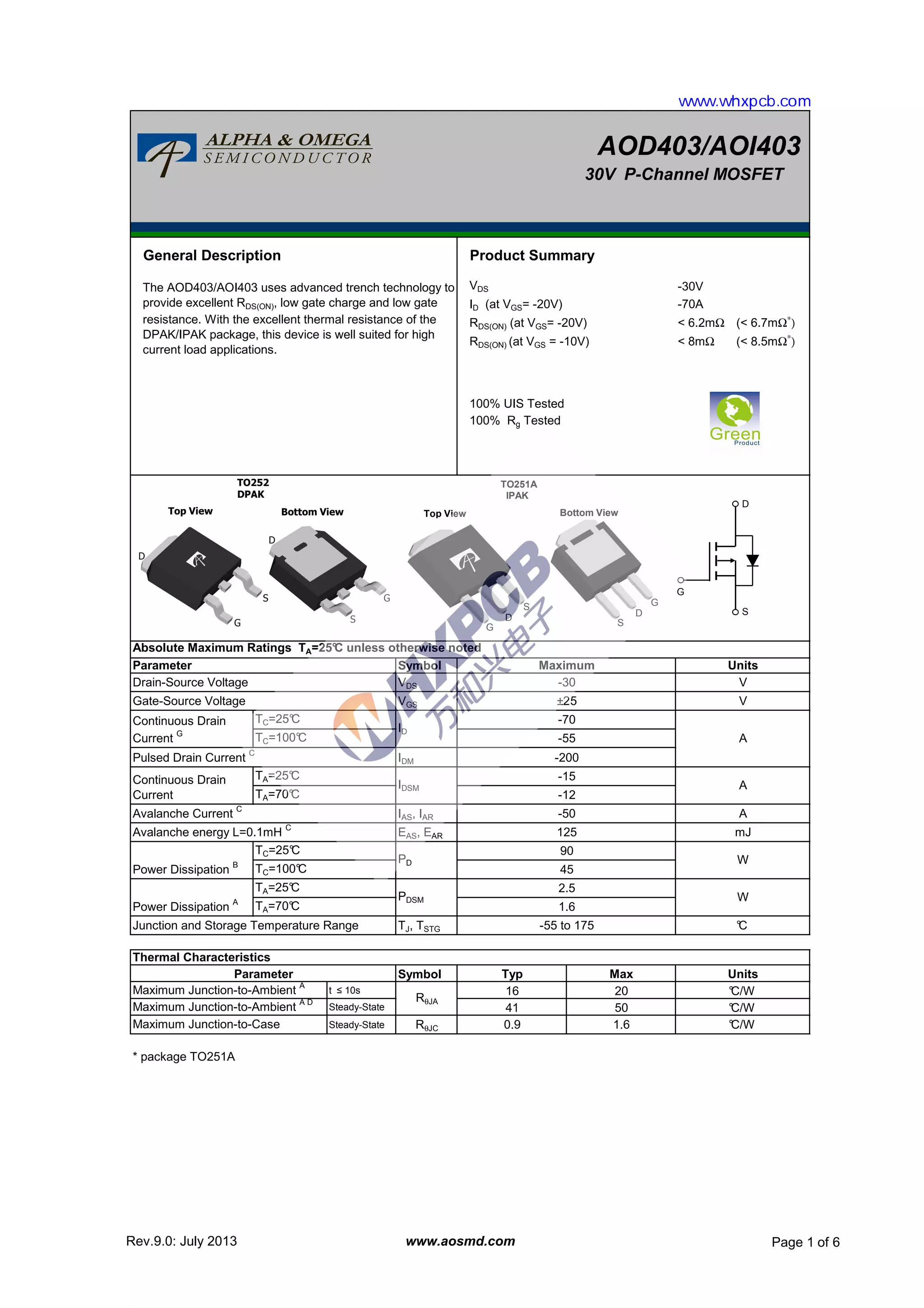 Original Mosfet P-Channel D403 AOD403 85A 30V TO-252 New | PDF