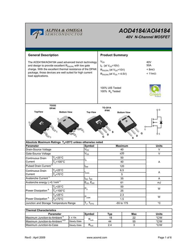 Original 40V N-Channel MOSFET AOD4184 AOD4184L 4184 50A 40V TO-252 New ...