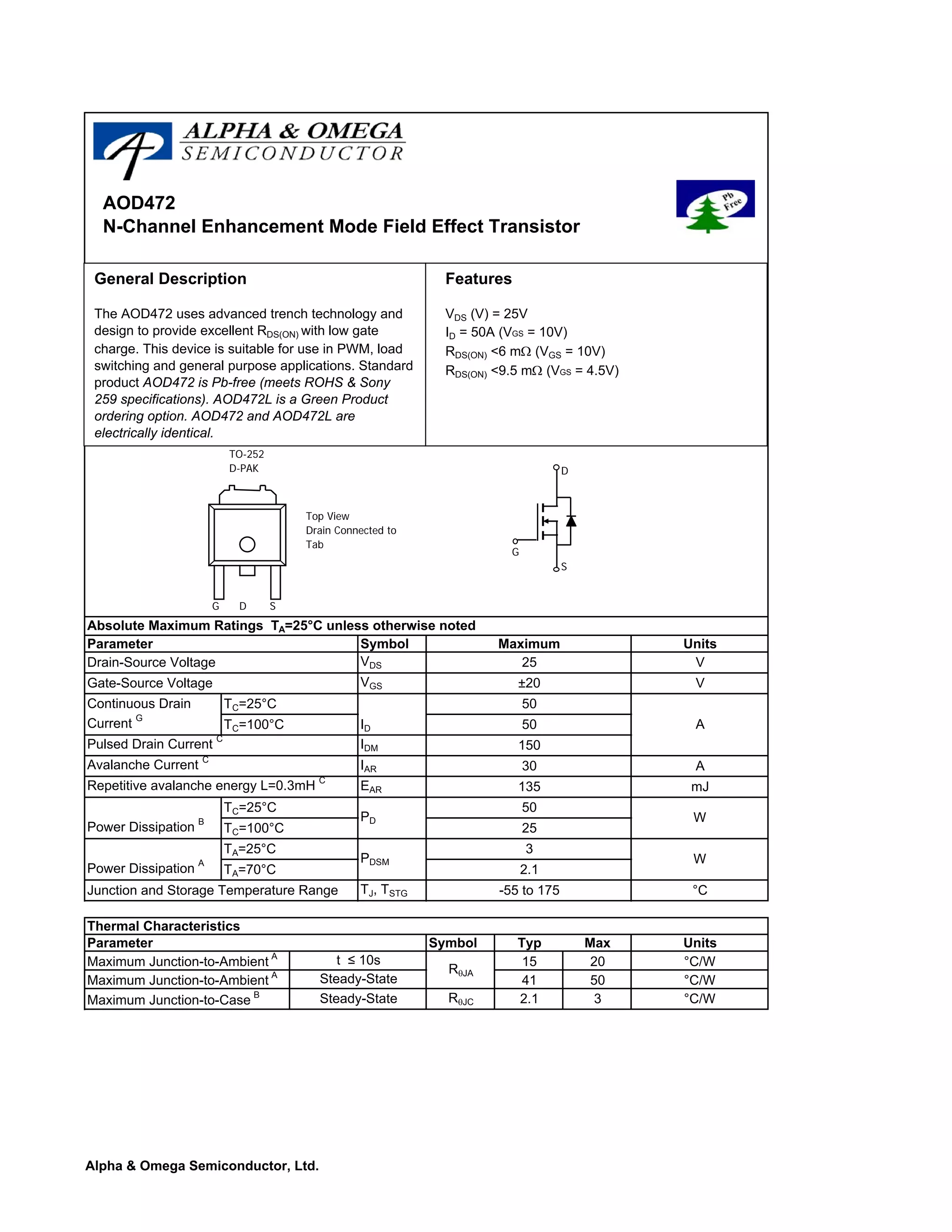 Original N-Channel Mosfet AOD472A 25V 55A TO-252 New Alpha&Omega | PDF