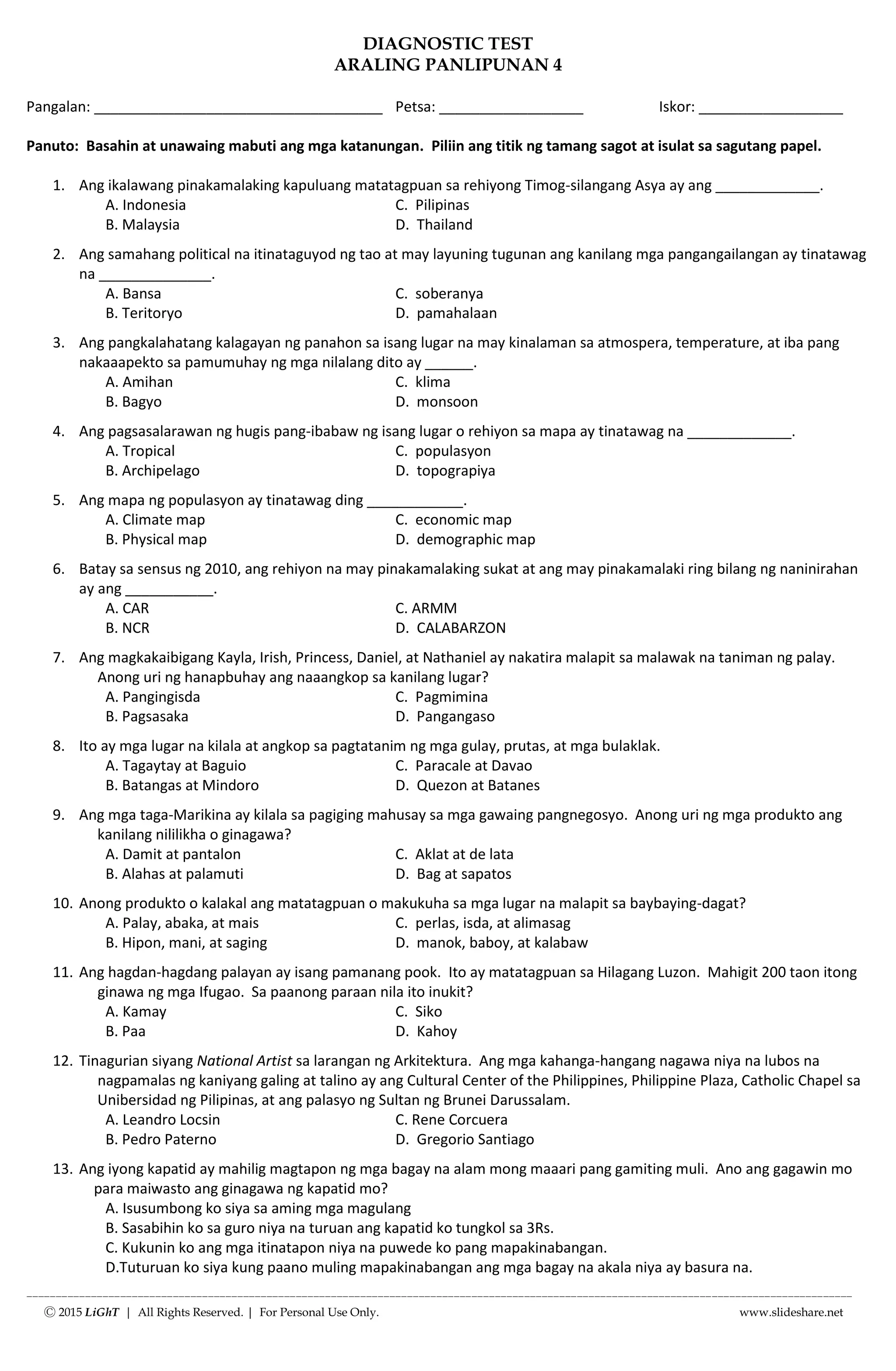 K TO 12 GRADE 4 DIAGNOSTIC / PRE TEST IN ARALING PANLIPUNAN | PDF