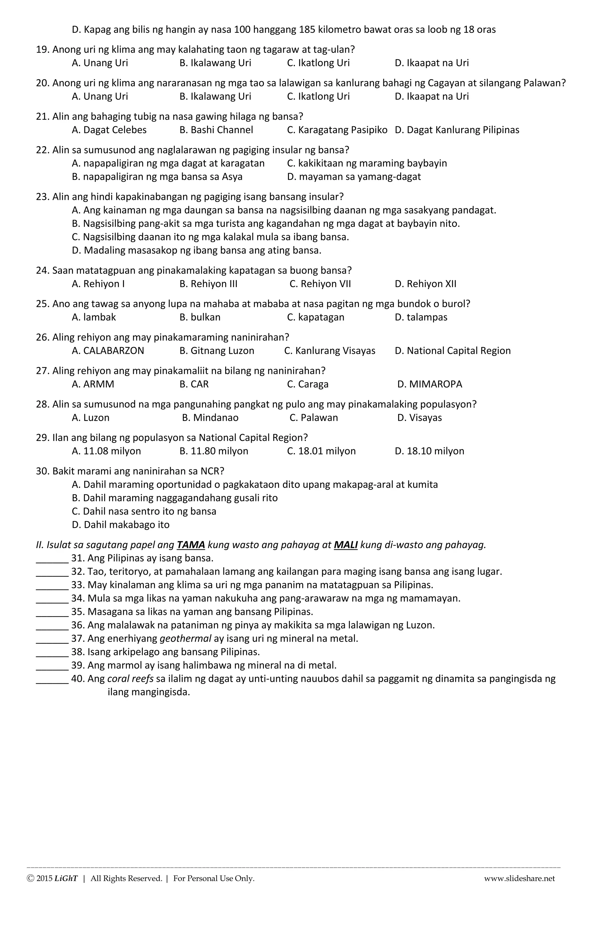 K TO 12 GRADE 4 DIAGNOSTIC / PRE TEST IN ARALING PANLIPUNAN | PDF