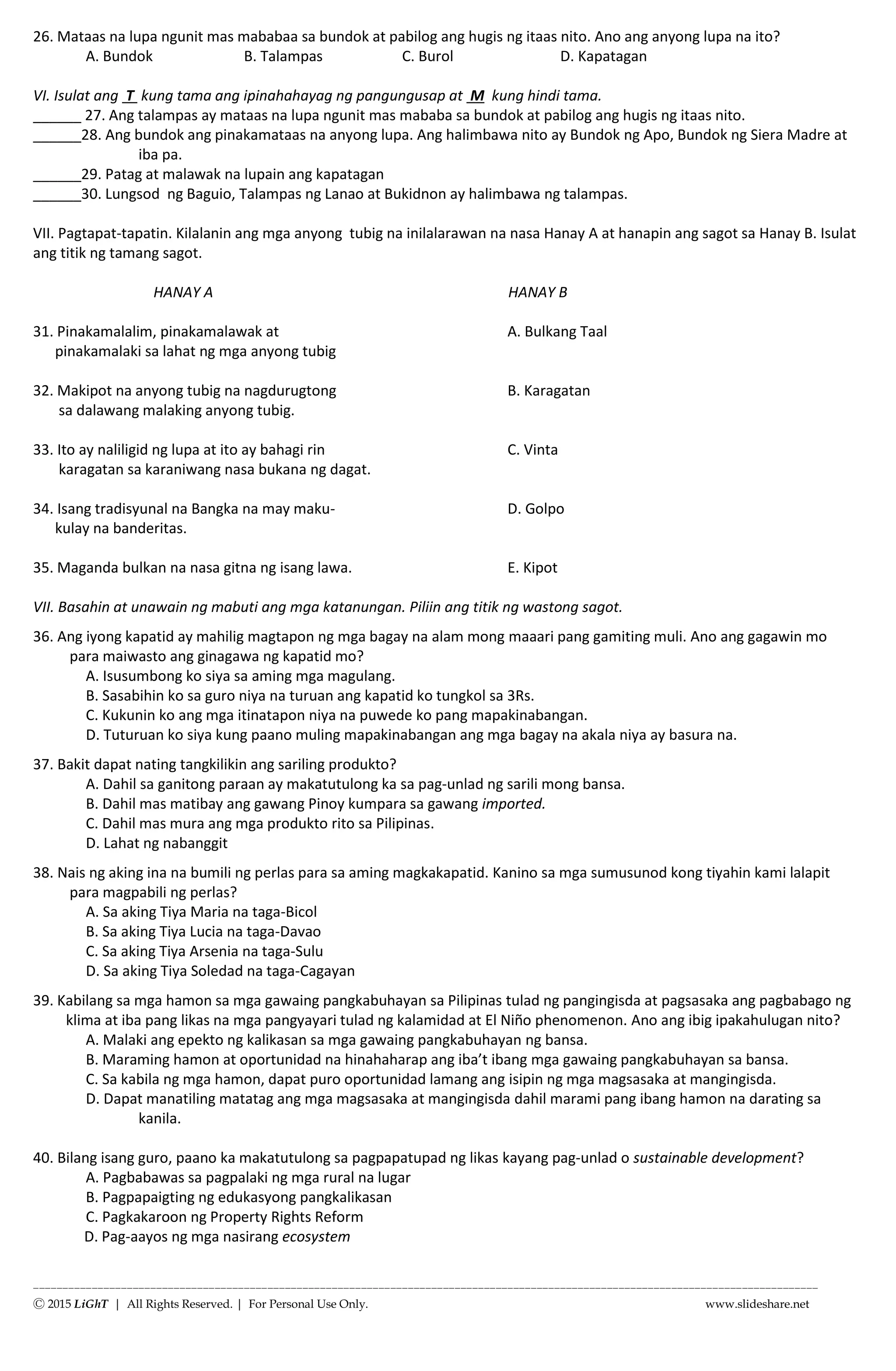 K TO 12 GRADE 4 DIAGNOSTIC / PRE TEST IN ARALING PANLIPUNAN | PDF