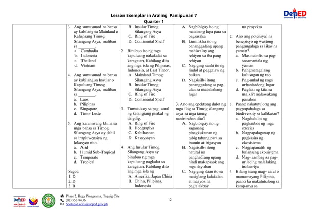 DLL week 4 araling panlipunan Pasagutan sa mga mag-aaral ang mga katanungan sa ibaba. Tingnan ...