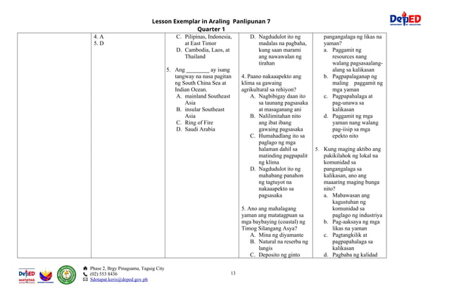 DLL week 4 araling panlipunan Pasagutan sa mga mag-aaral ang mga katanungan sa ibaba. Tingnan ...