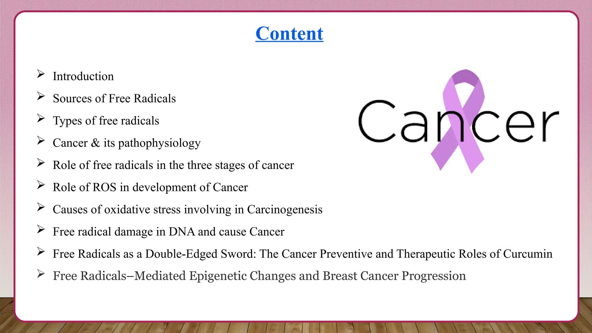 Role of free radicals in cancer/ Role of free radicals in etiopathology ...