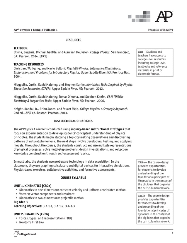 Ap physics-1-sample-syllabus-1-id-1066422v1 | PDF