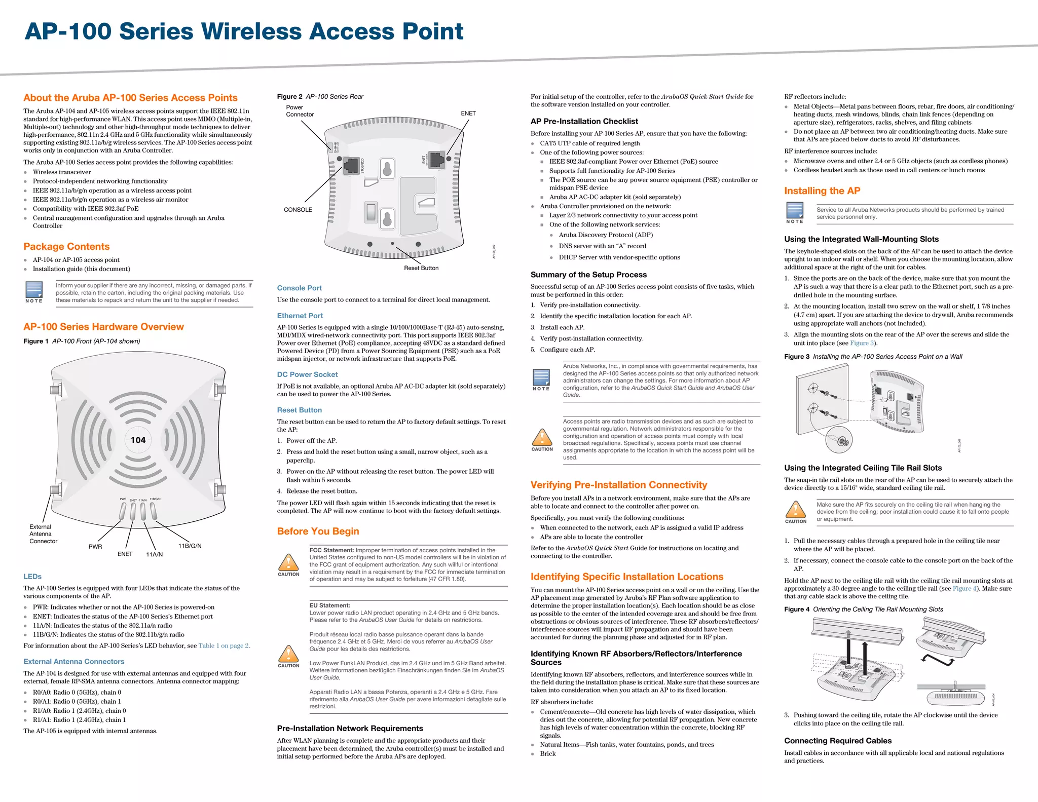 Aruba AP 100 Series Installation Guide | PDF