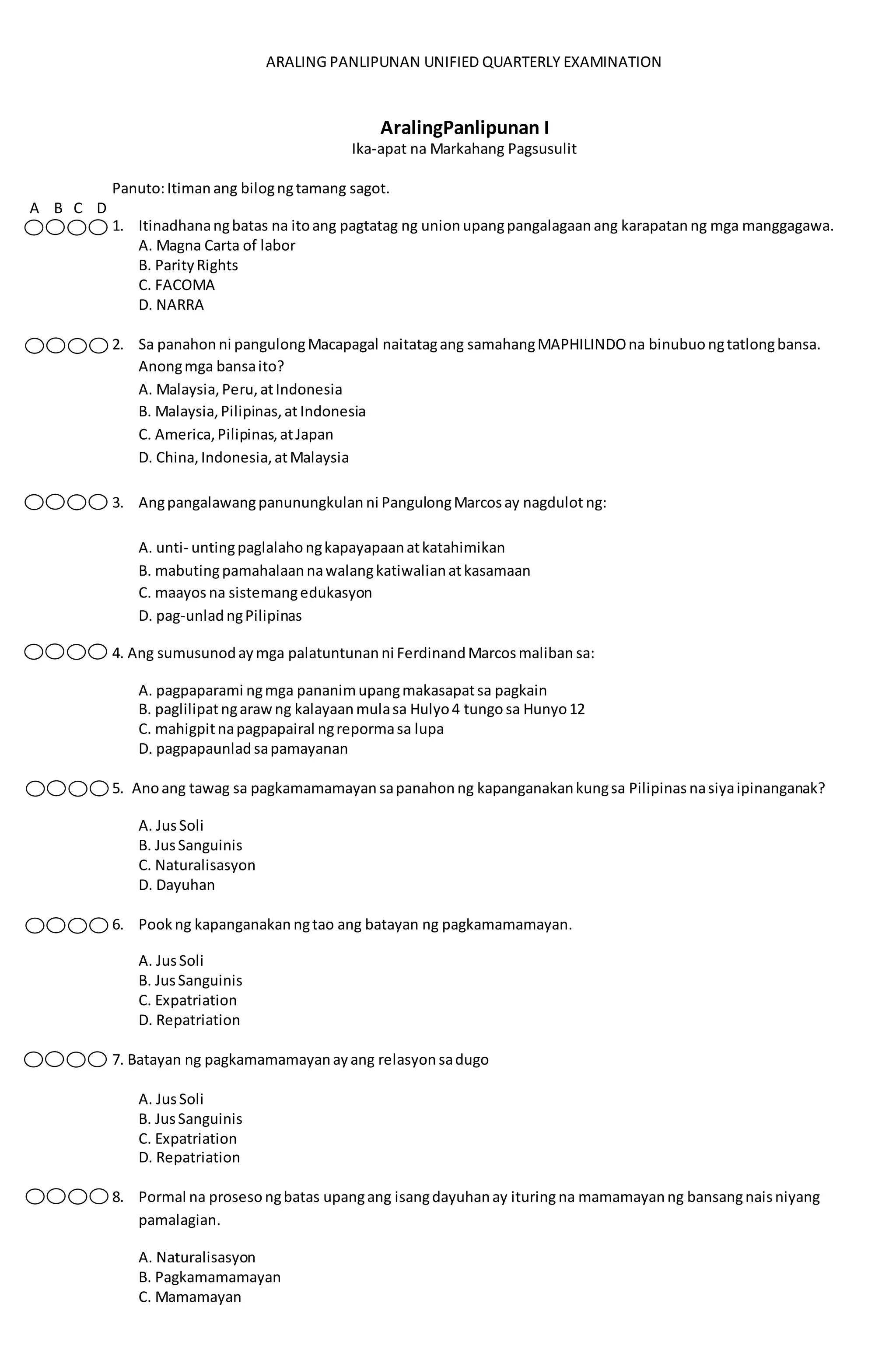 Ap 1 fourth grading(first year) | PDF