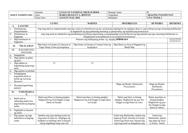 ARALING PANLIPUNAN 8 DAILY LESSON LOG G8 | DOCX