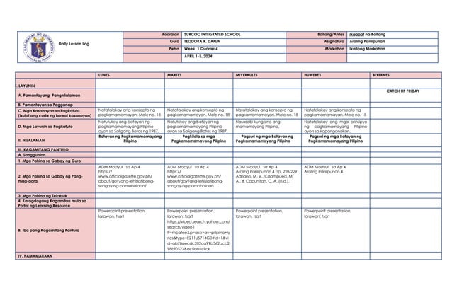 ARALING PANLIPUNAN IN GRADE 4 DAILY LESSON LOG | DOCX