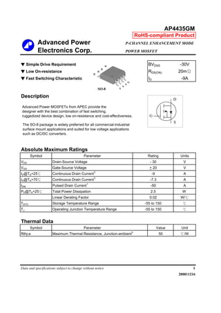 Original P-Channel Mosfet AP4435GM 4435 4435GM SOP-8 New | PDF ...