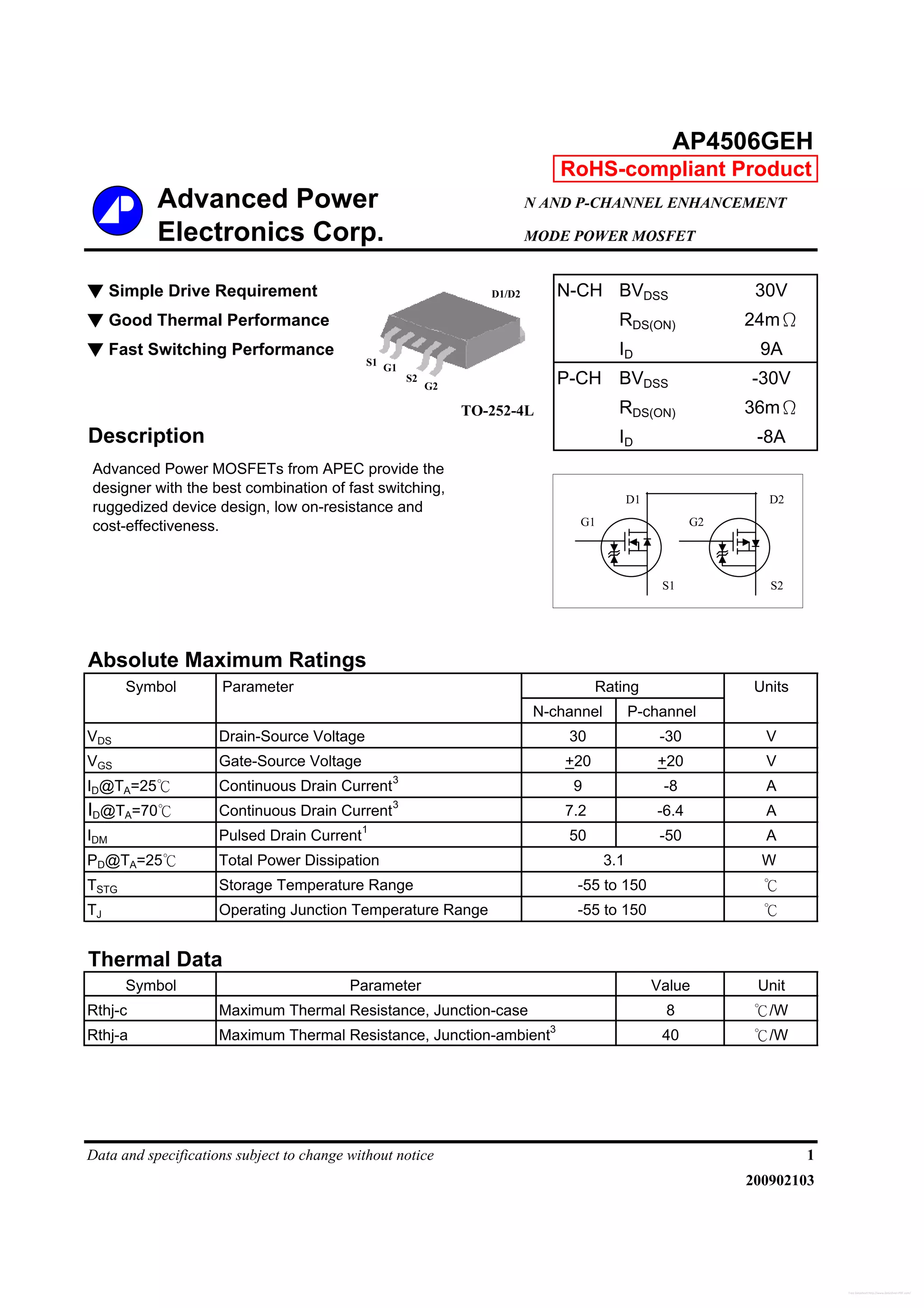 Original N P-CHANNEL ENHANCEMENT Mosfet AP4506GEH 4506GEH 4506 TO-252 ...