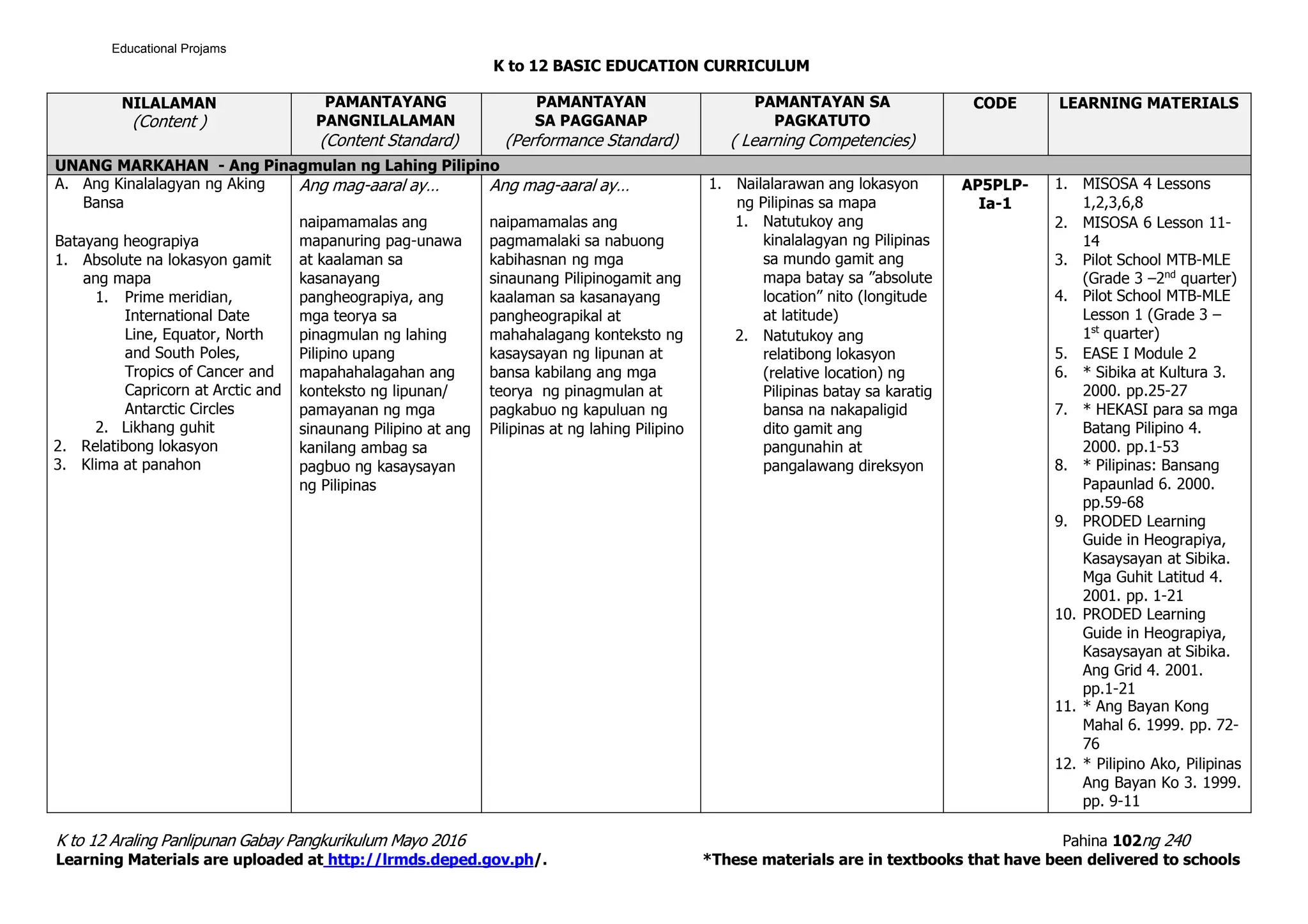 Araling Panlipunan 5 Curriculum Guide rev.2016