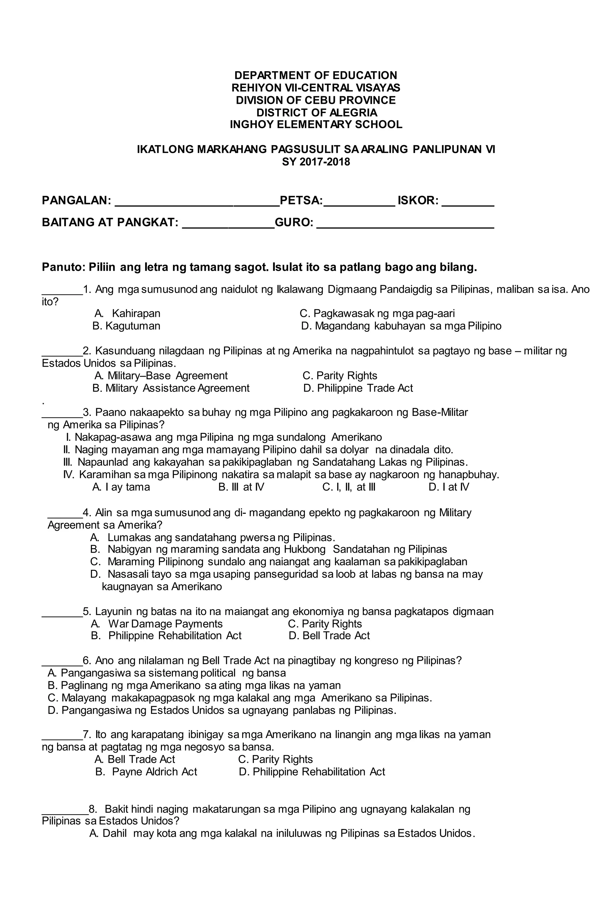 Ap6 ikatlong markahang pagsusulit | DOCX