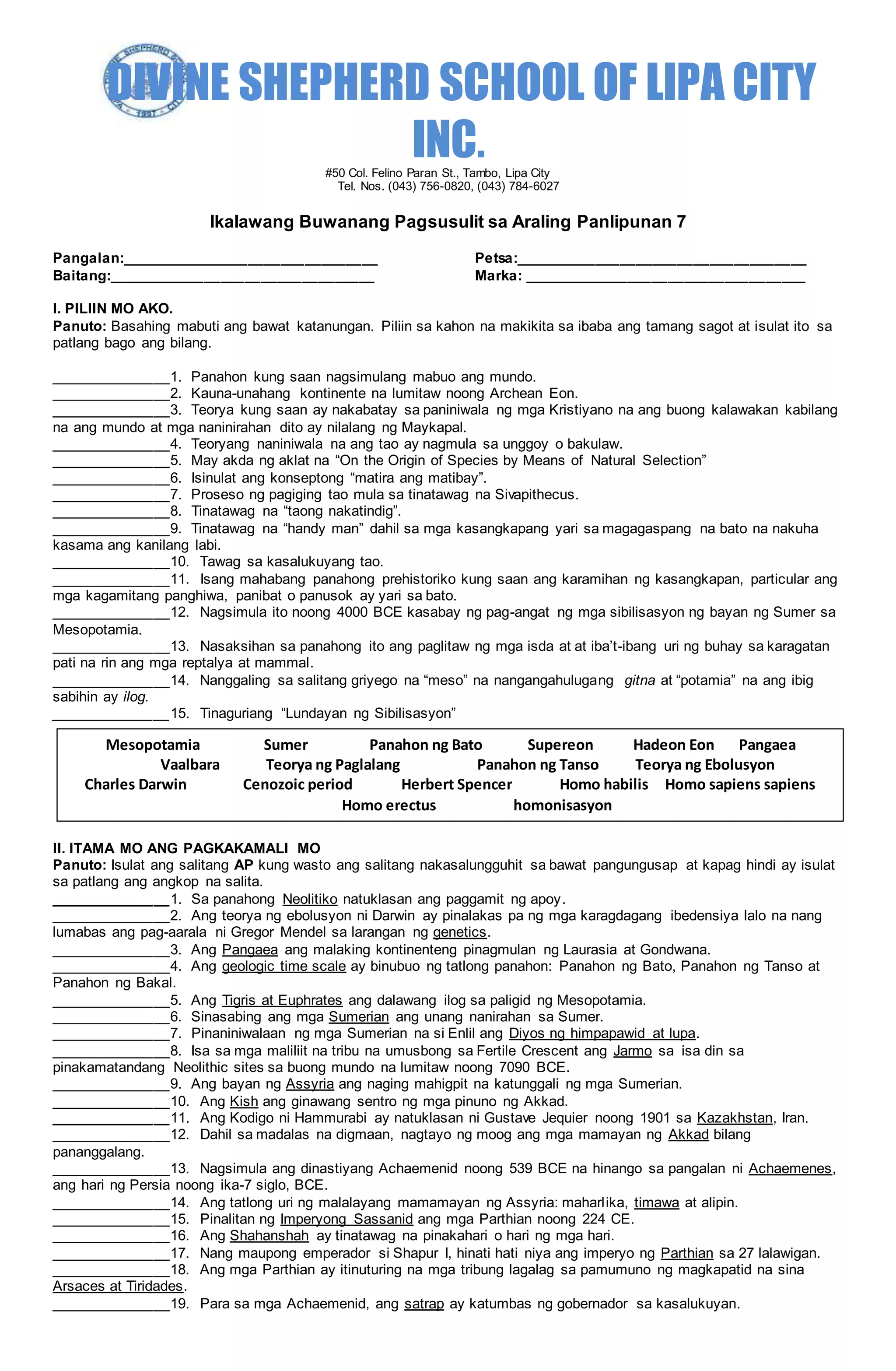 2nd Monthly examination in Araling Panlipunan 7 | DOCX