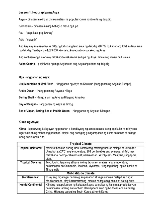 AP 7 Lesson no. 1: Heograpiya ng Asya | DOCX