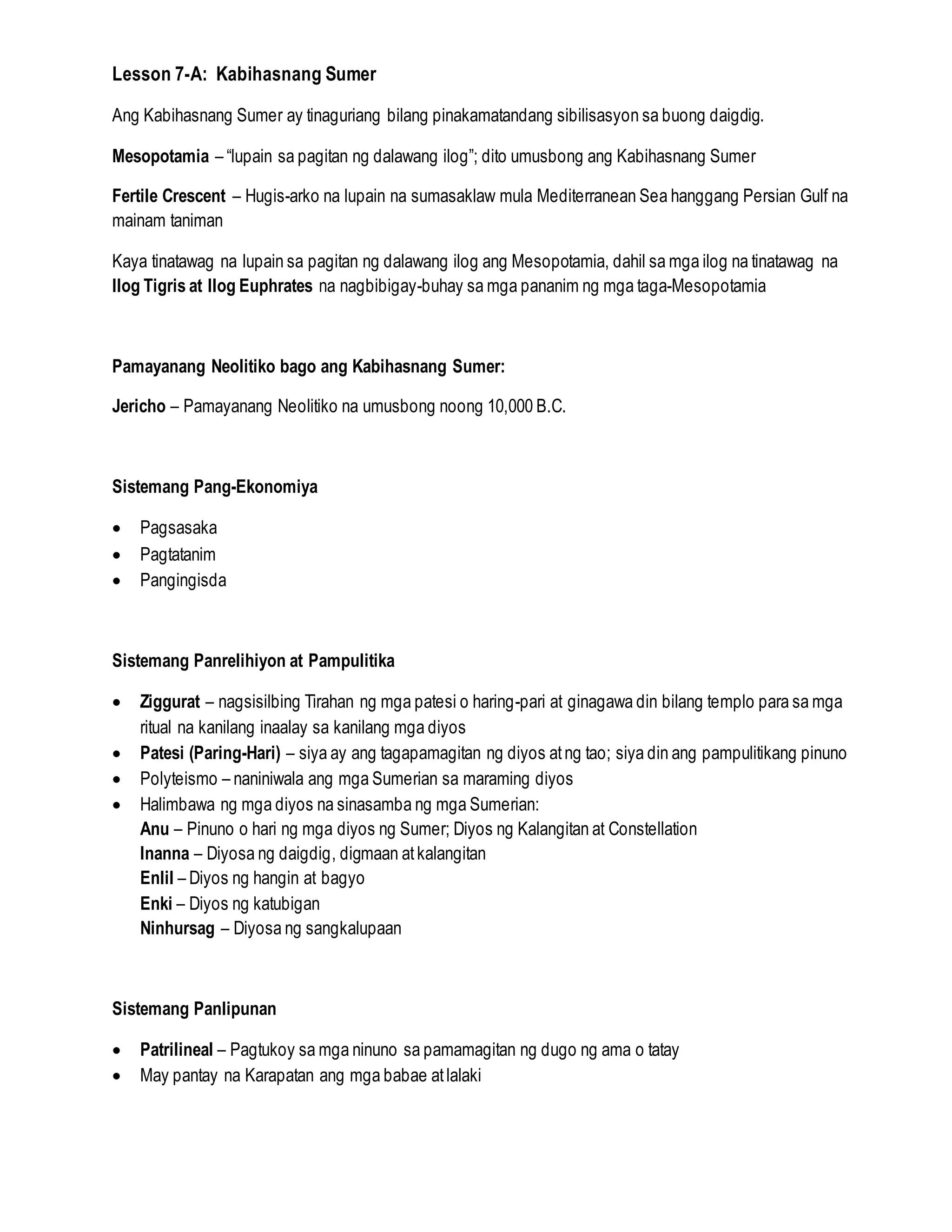 AP 7 Lesson no. 7-A: Kabihasnang Sumer | DOCX