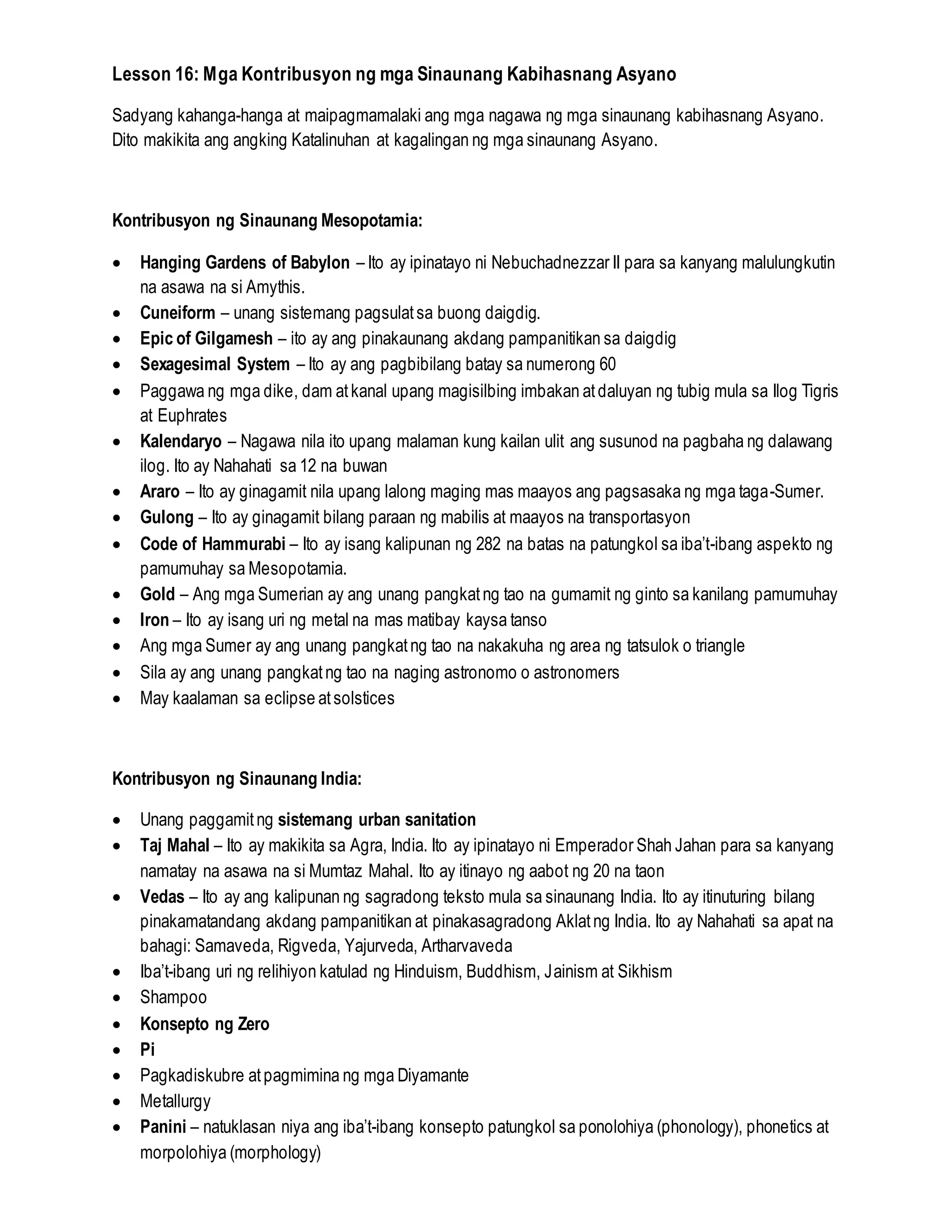 AP 7 Lesson no. 16: Mga Kontribusyon ng mga Sinaunang Kabihasnang ...