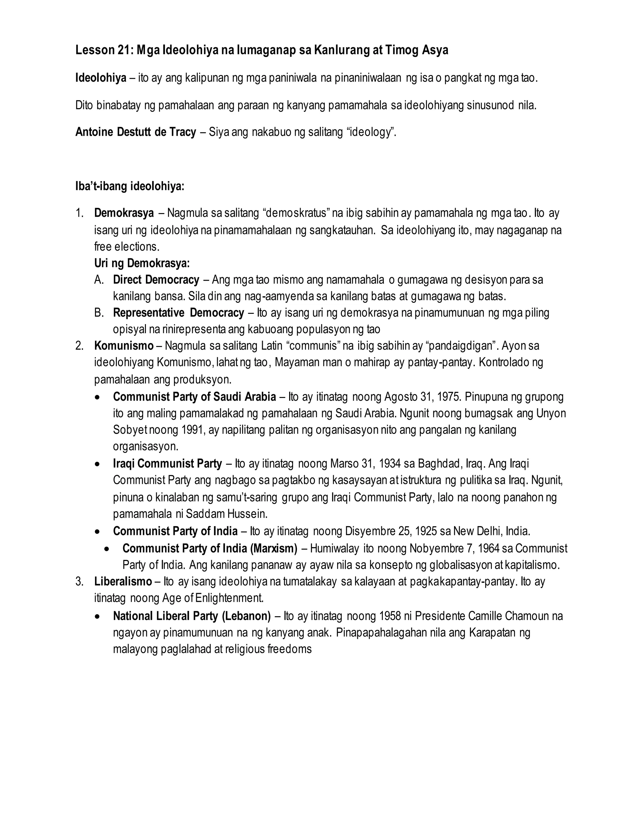 AP 7 Lesson no. 21: Mga Ideolohiya na Lumaganap sa Kanlurang At Timog Asya | DOCX