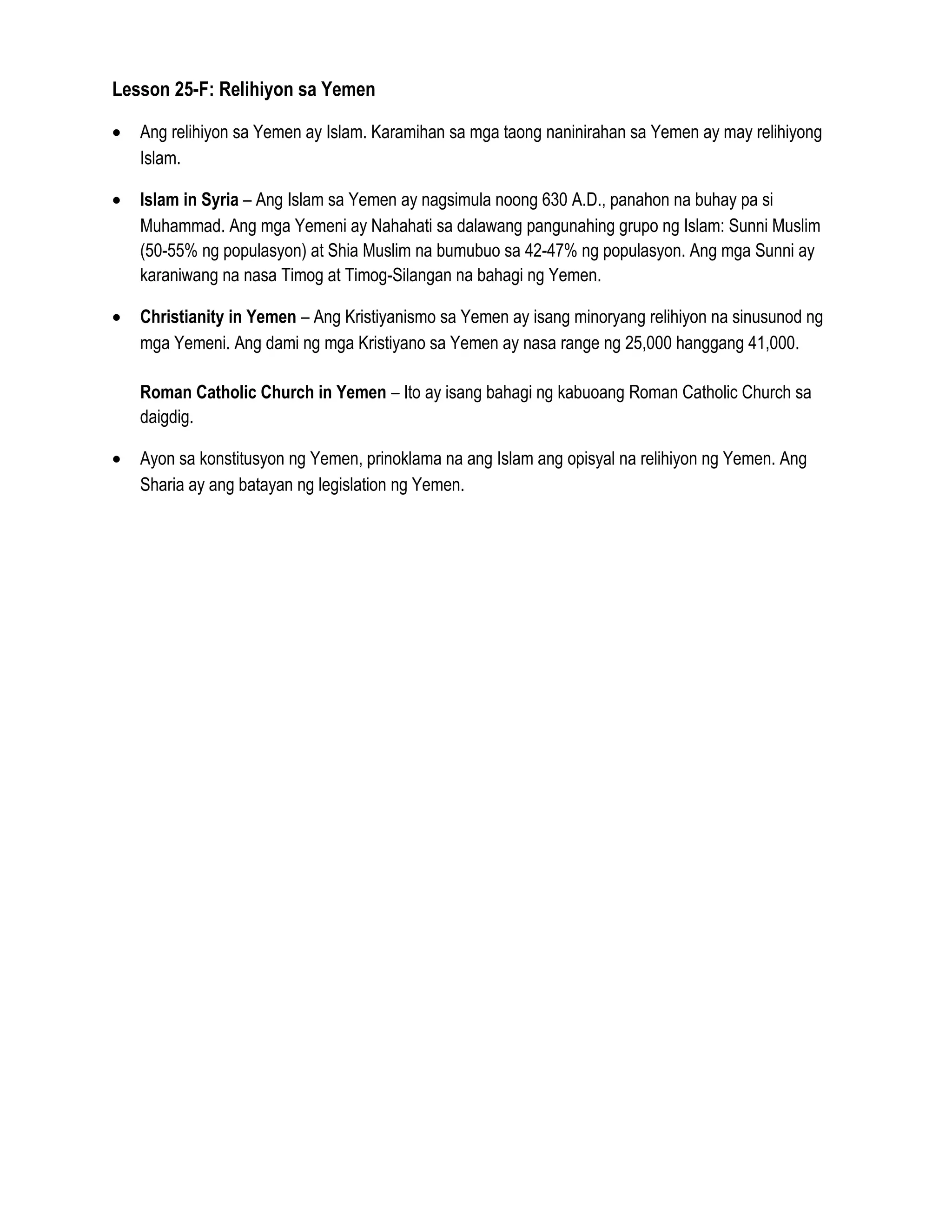 AP 7 Lesson no. 25-F: Relihiyon sa Yemen | PDF