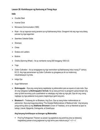 AP 7 Lesson no. 28: Kontribusyon ng Kanlurang at Timog Asya | DOC