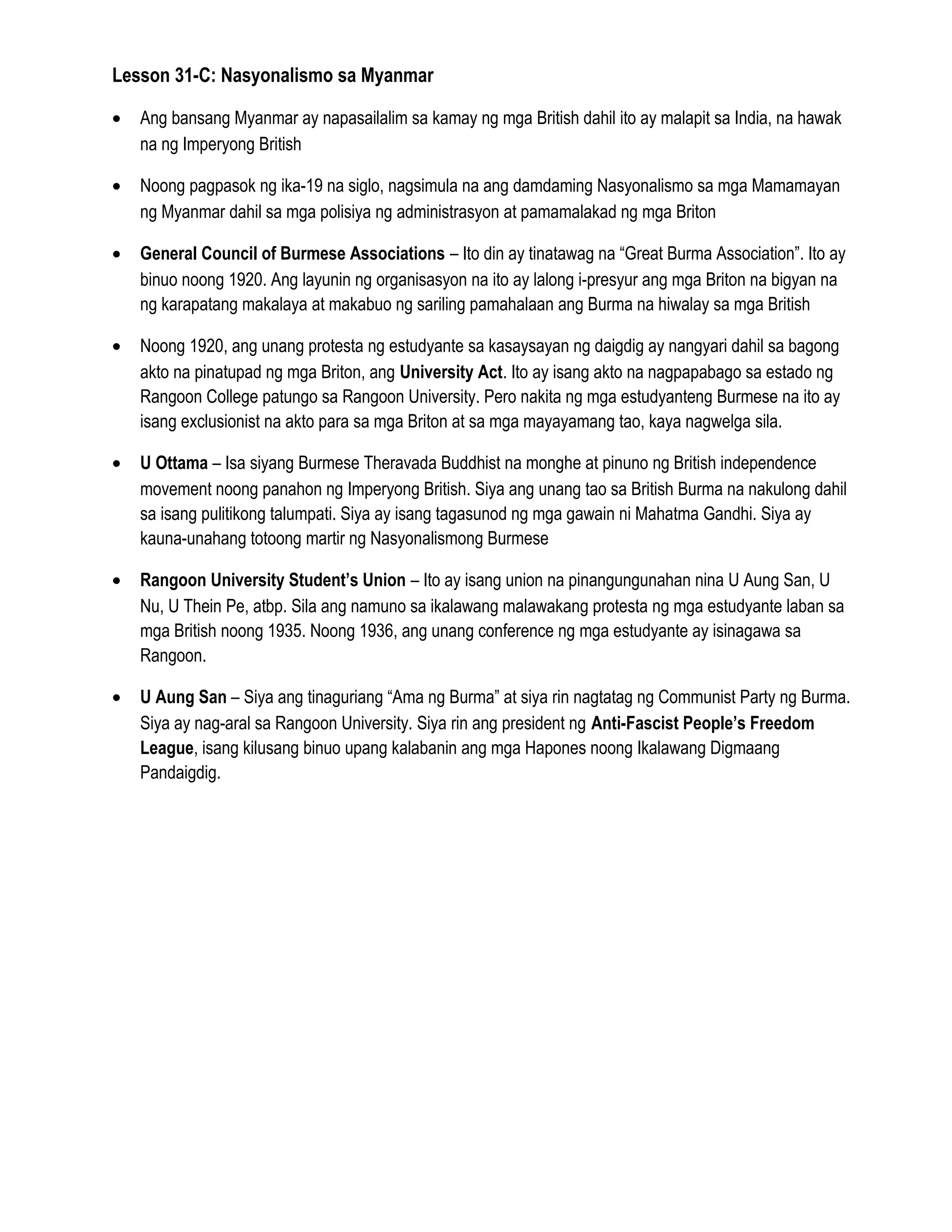 AP 7 Lesson no. 31-C: Nasyonalismo sa Myanmar | DOC