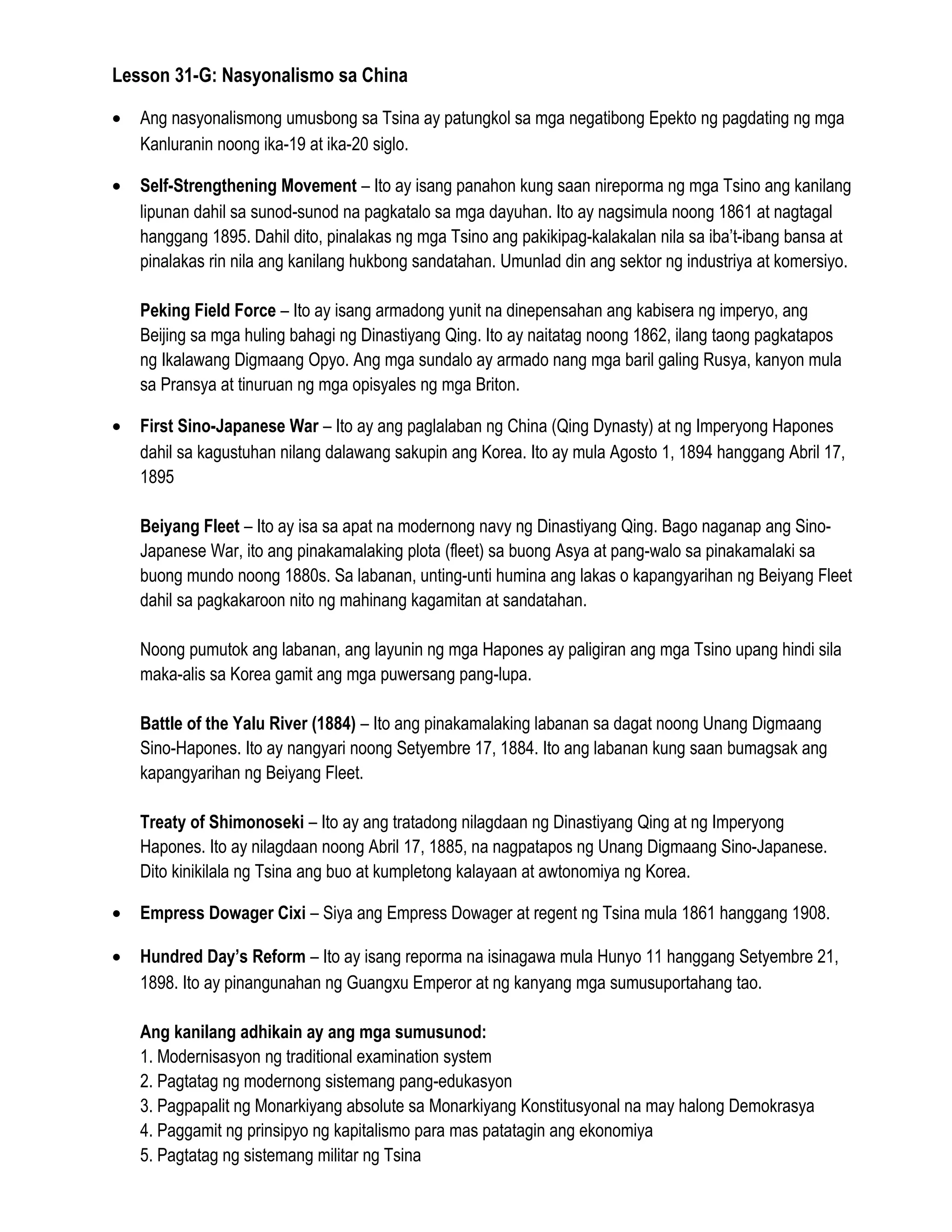 AP 7 Lesson no. 31-G: Nasyonalismo sa China | DOC