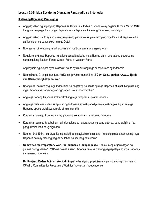 AP 7 Lesson no. 32-B: Mga Epekto ng Digmaang Pandaigdig sa Indonesia | DOC