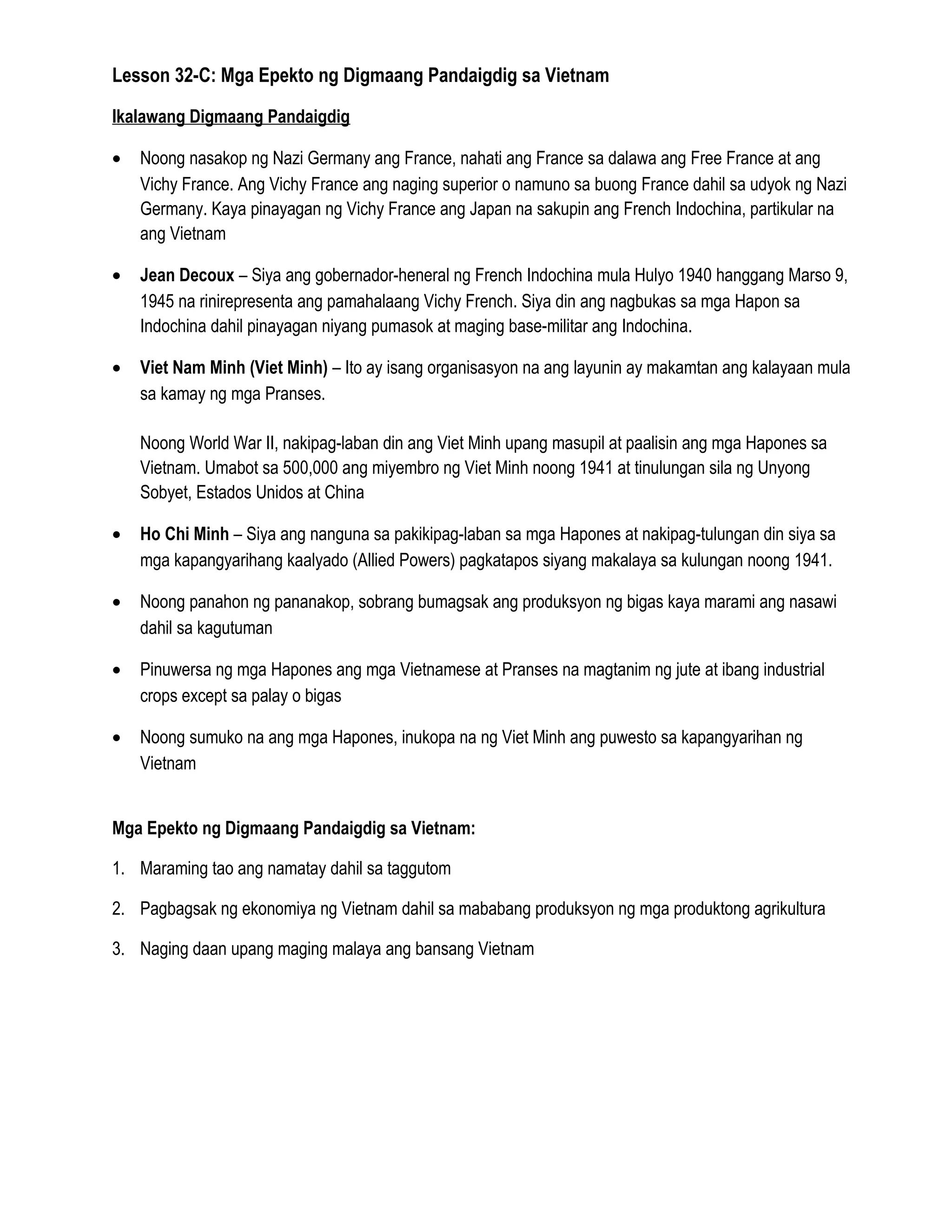 AP 7 Lesson no. 32-C: Mga Epekto ng Digmaang Pandaigdig sa Vietnam | DOC