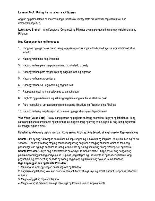 AP 7 Lesson no. 34-A: Uri ng Pamahalaan sa Pilipinas | DOC
