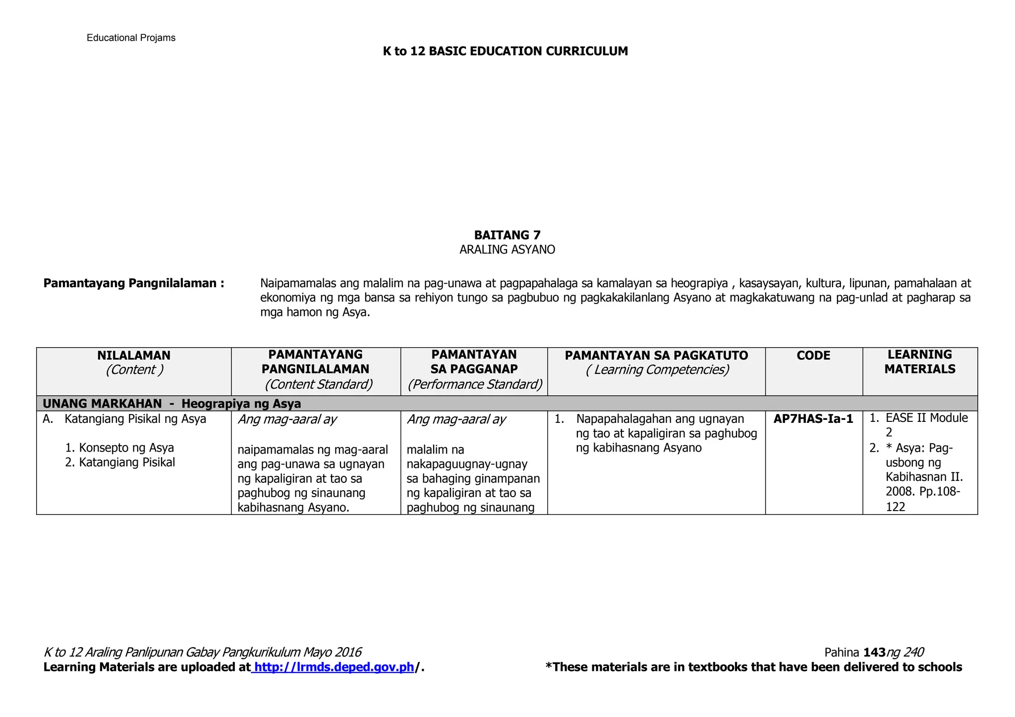 Araling Panlipunan 7 Curriculum Guide rev.2016