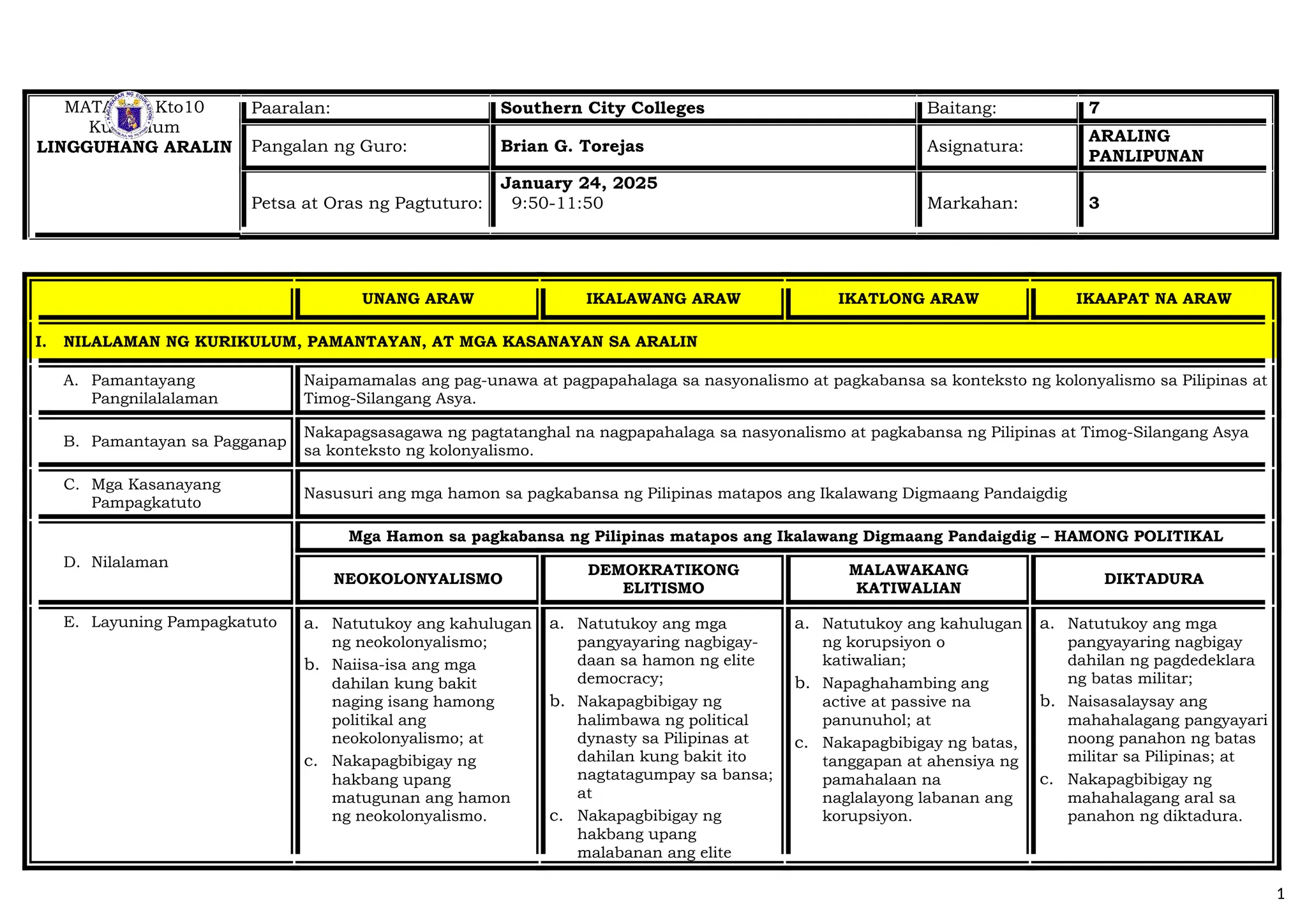 AP7 Q3 Week 3-Mga Hamon ng Pagkabansa ng Pilipinas matapos ang ...