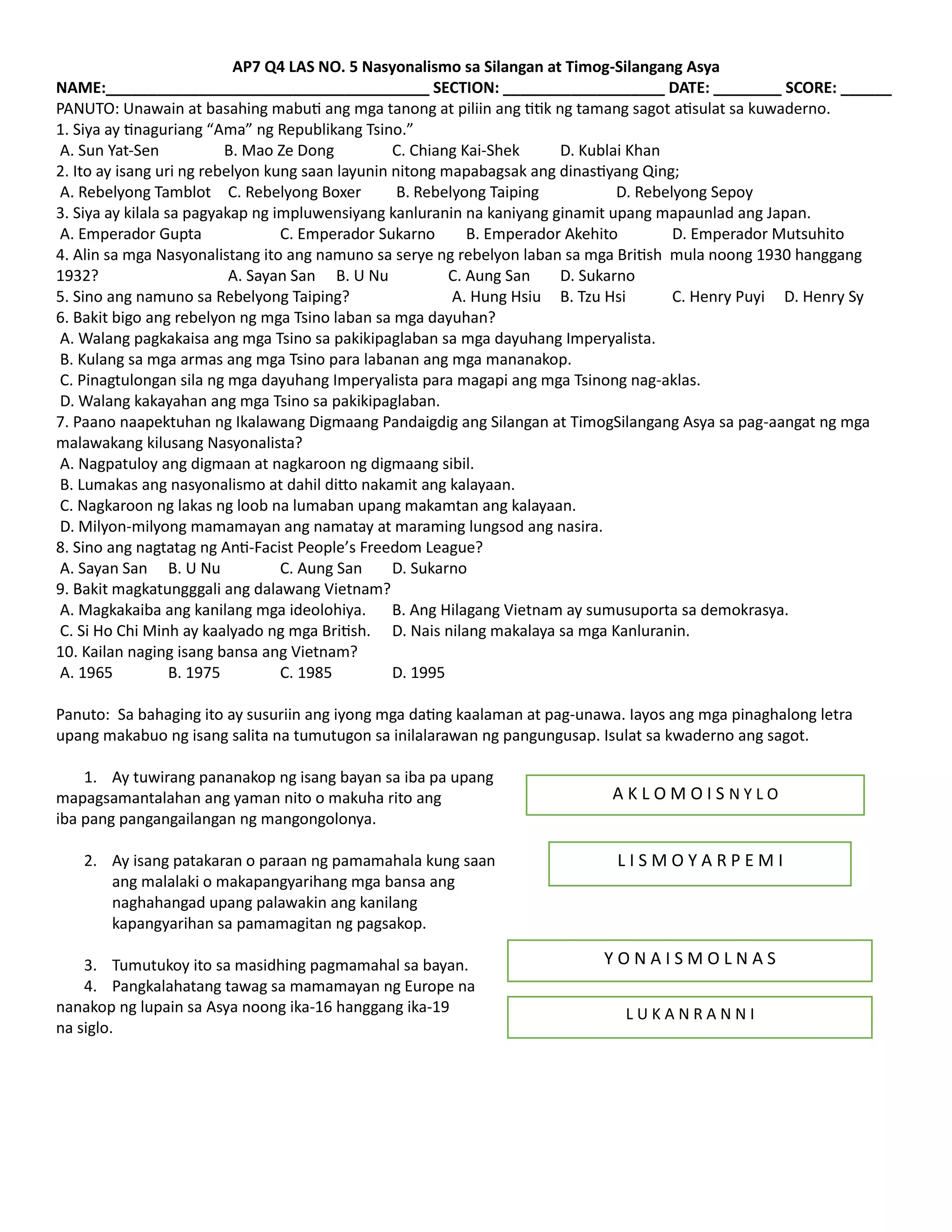 AP7 Q4 LAS NO. 5 Nasyonalismo sa Silangan at Timog-Silangang Asya.docx