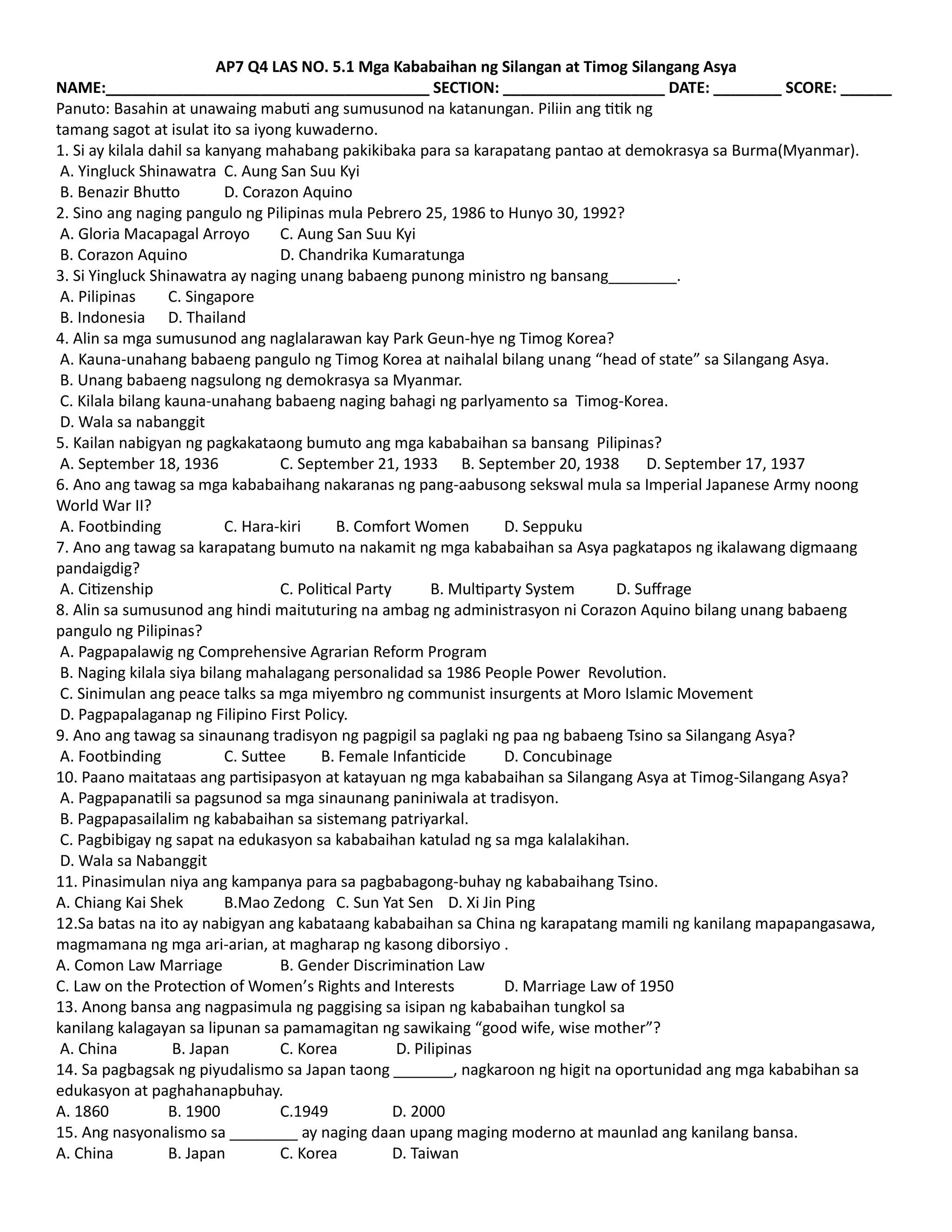 AP7 Q4 LAS NO. 5.1 Mga Kababaihan ng Silangan at Timog Silangang Asya.docx