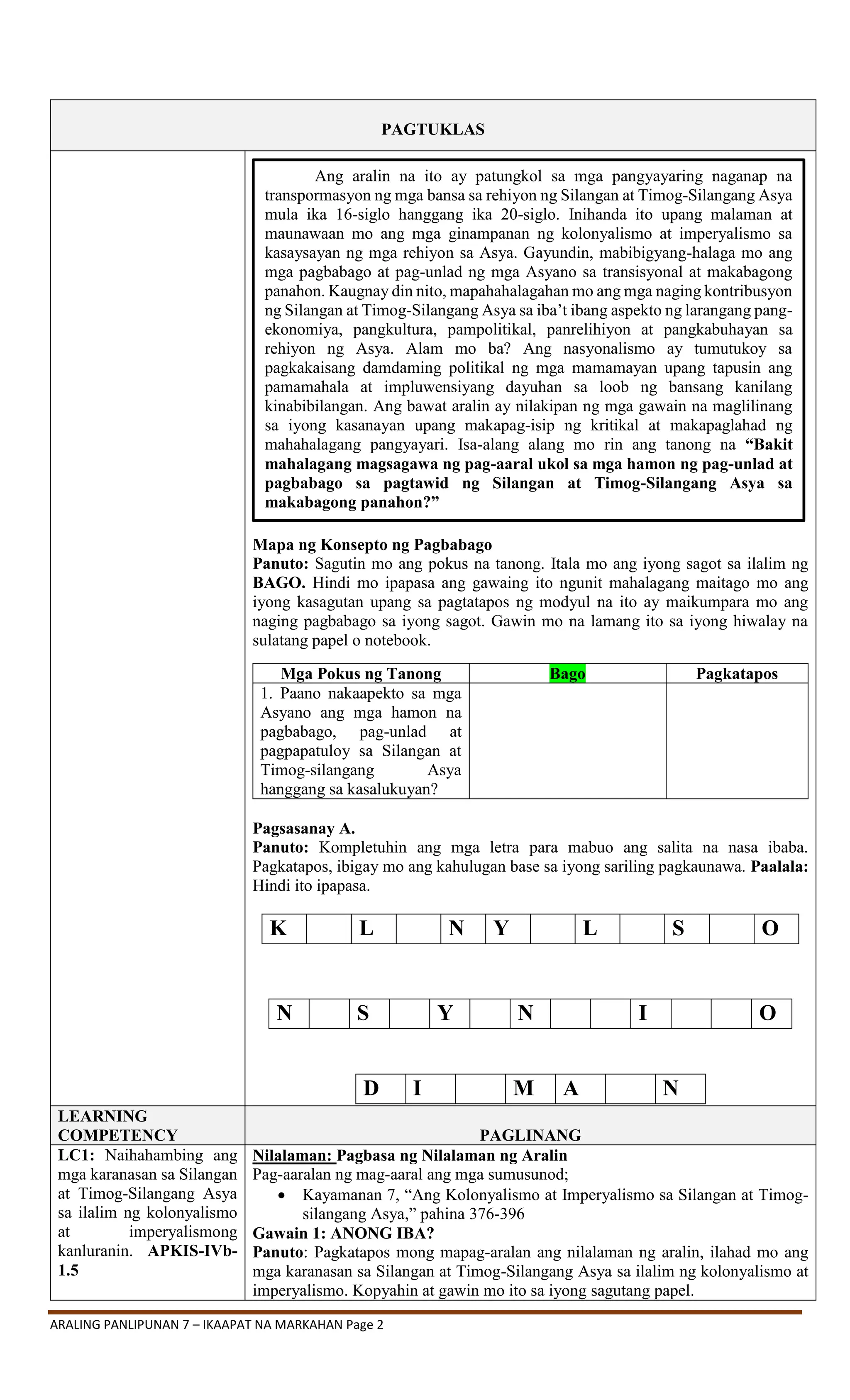 ARALIND PANLIPUNAN GRADE 7 Q4 LEARNING PLAN | DOCX