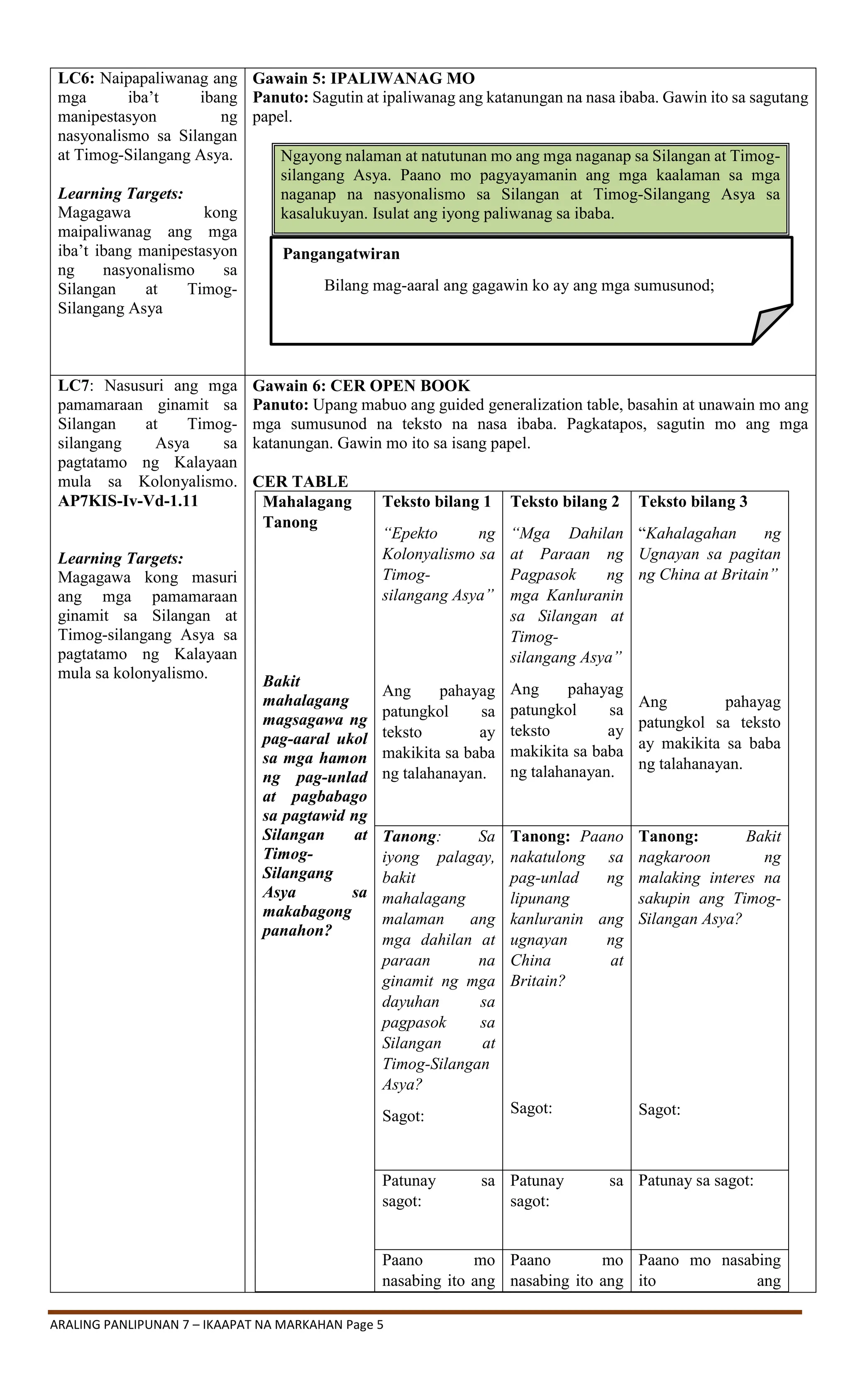 ARALIND PANLIPUNAN GRADE 7 Q4 LEARNING PLAN | DOCX