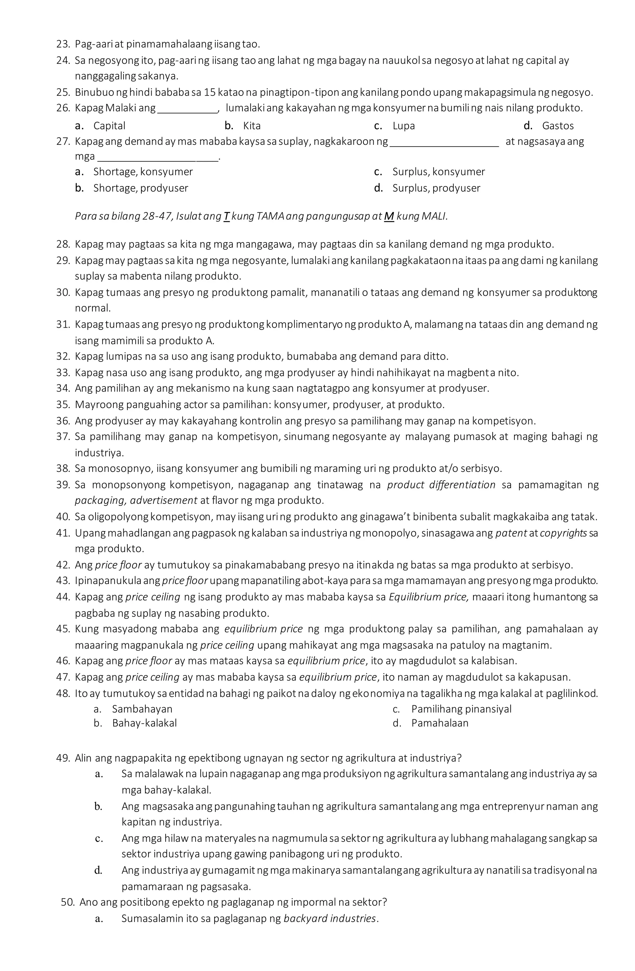 ARALING PANLIPUNAN 9 (EKONOMIKS) PRE-POST TEST (with Answer Key) | DOCX