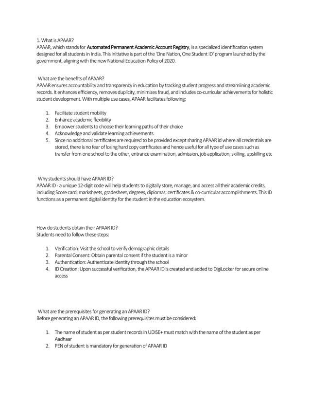 Apaar Important questions. Registry digilocker | PDF