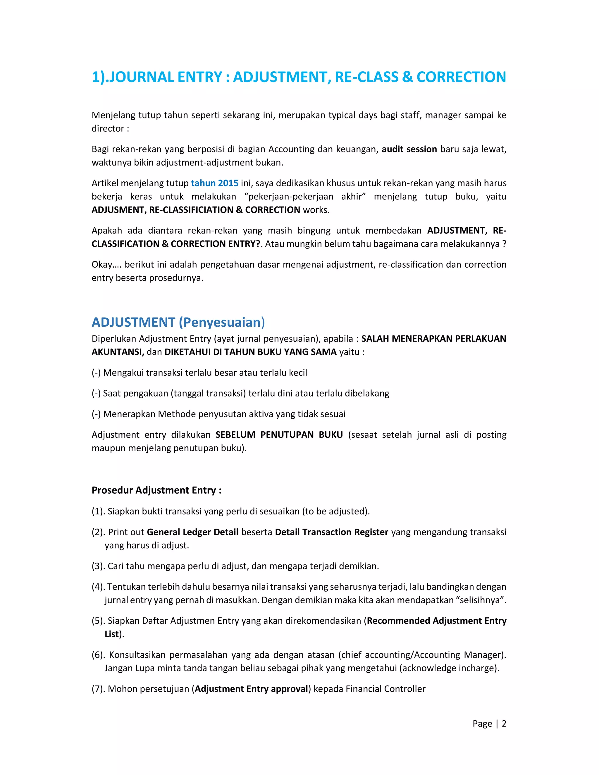 Perbedaan ADJUSTMENT, RE-CLASS & CORRECTION dalam jurnal entry | PDF