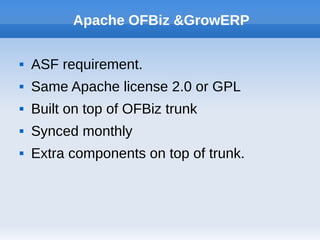 GrowERP platform presentation based on OFBiz, git,gerrit, postgresql, nagios, scrum activiti | PDF