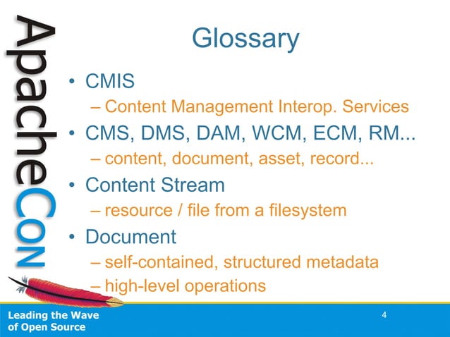 CMIS and Apache Chemistry (ApacheCon 2010) | PPT