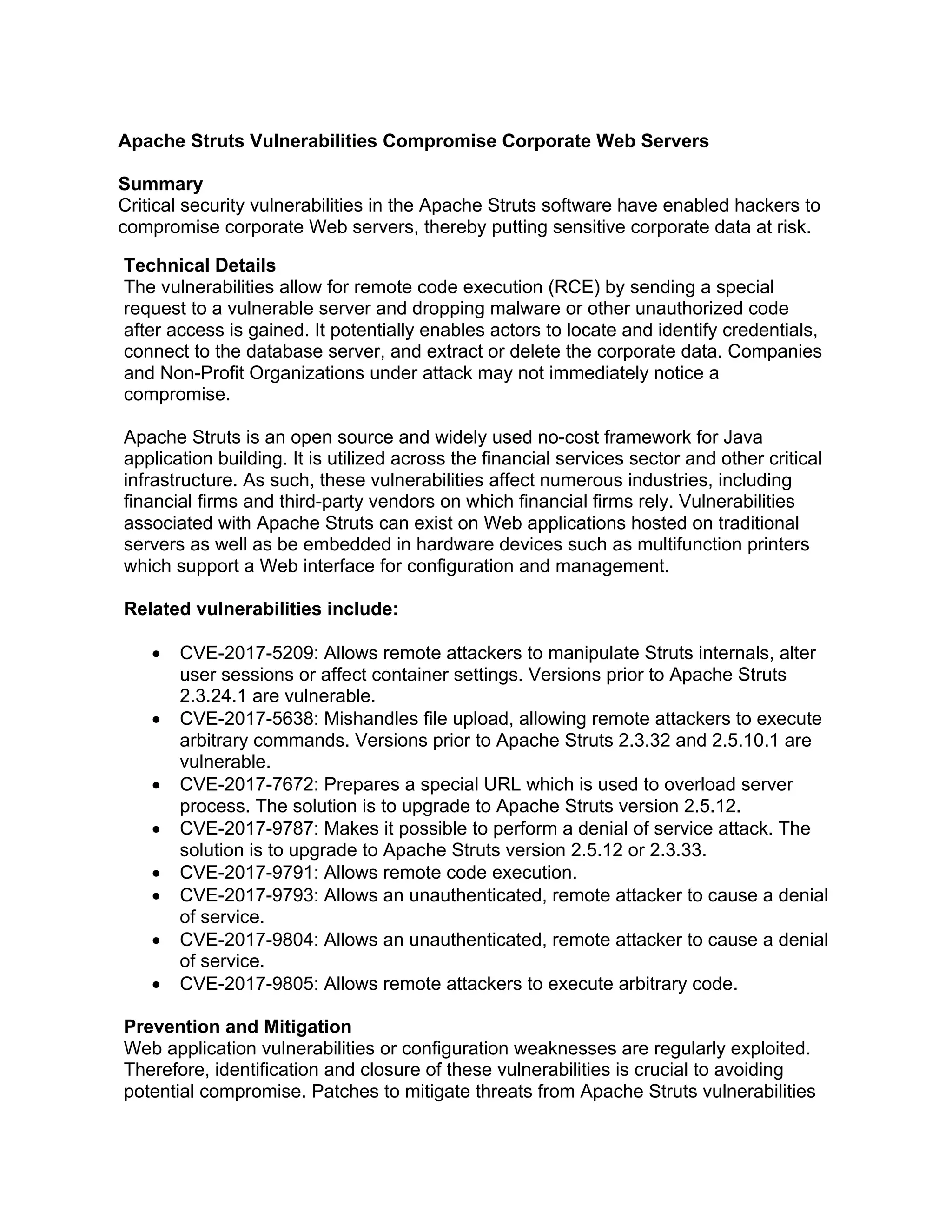 Apache struts vulnerabilities compromise corporate web servers | PDF