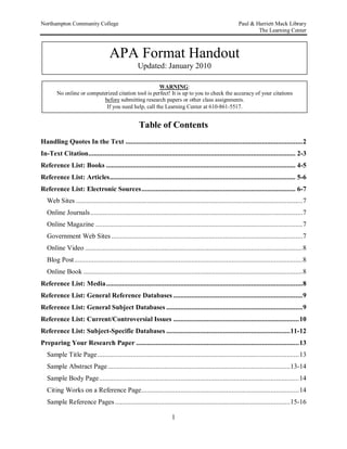 Apa Table Of Contents Template 6th Edition
