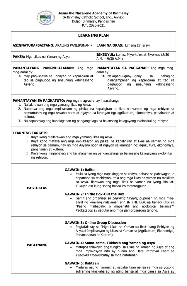 Araling Panlipunan Grade 7 Learning Plan.docx