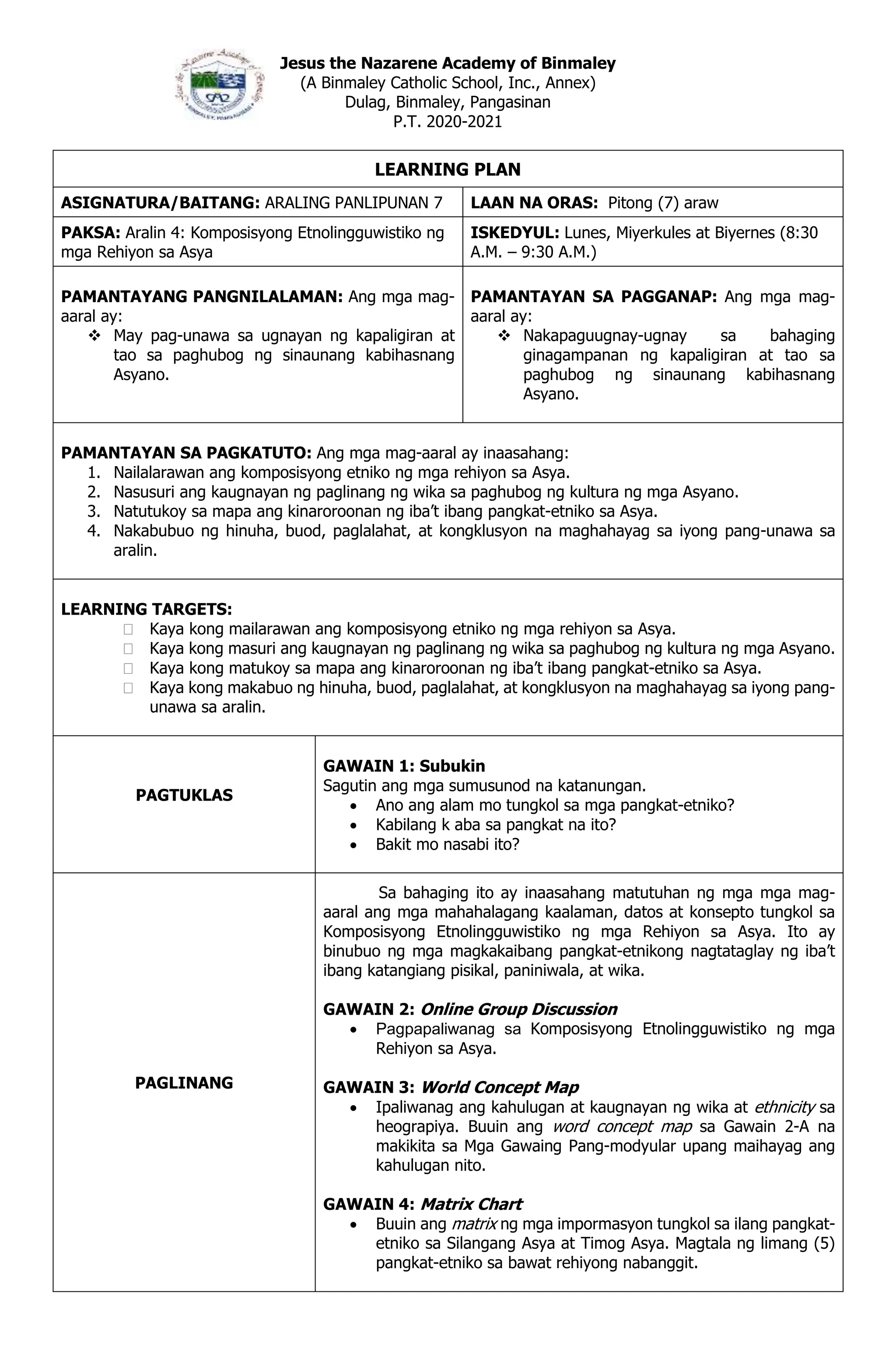 Araling Panlipunan Grade 7 Learning Plan.docx