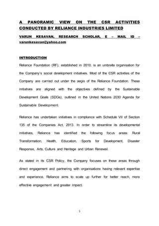 A PANORAMIC VIEW ON THE CSR ACTIVITIES CONDUCTED BY RELIANCE INDUSTRIES ...