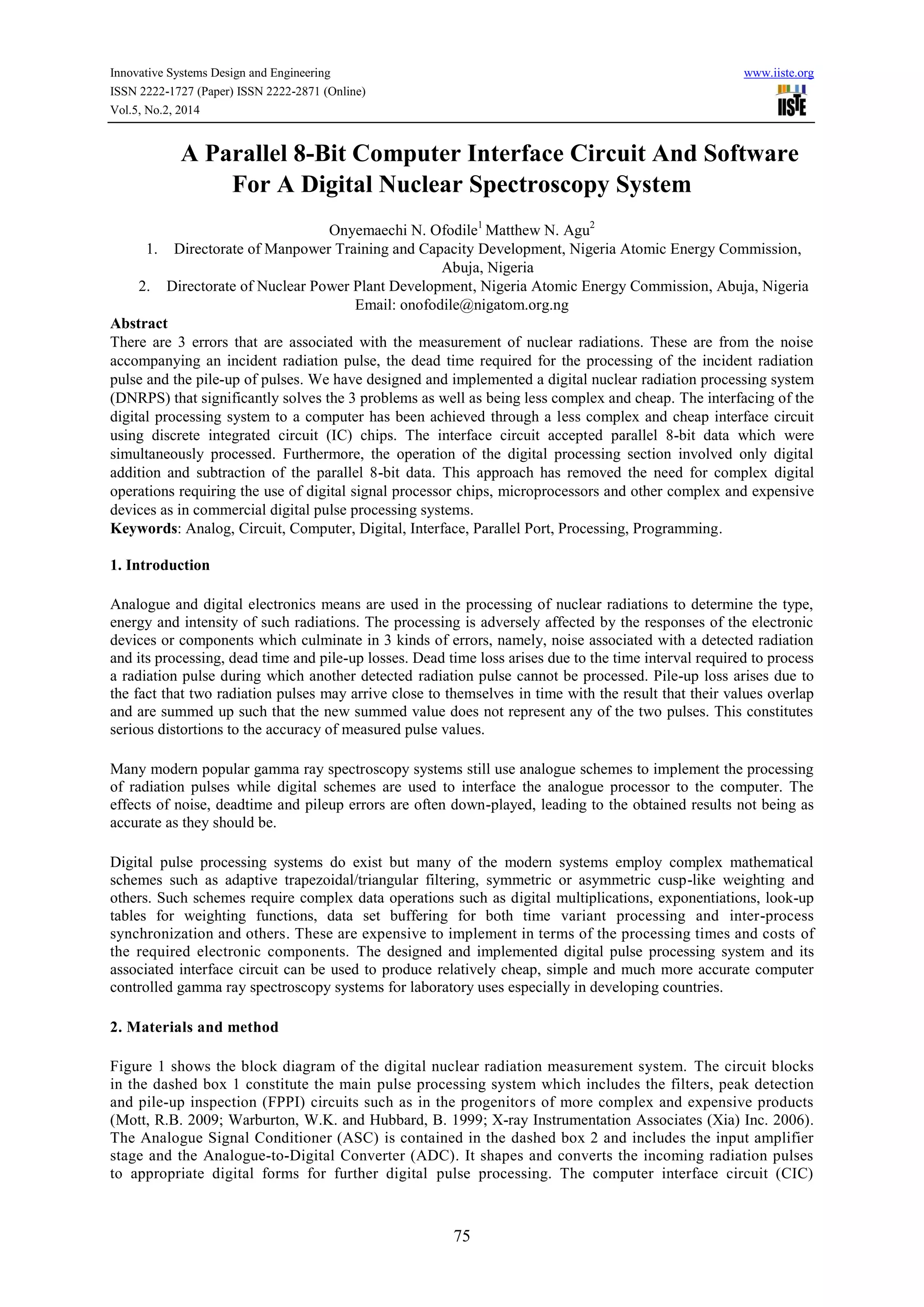 A parallel 8 bit computer interface circuit and software for a digital ...