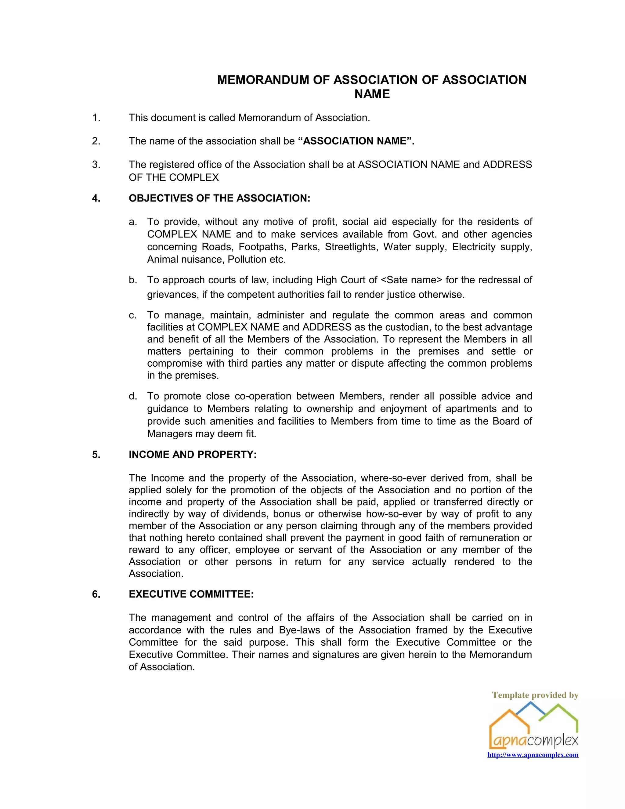 Apartment Association Byelaws Template | DOC