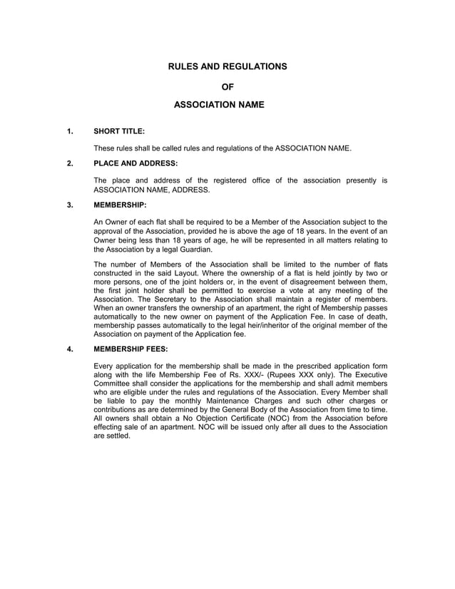 Apartment Association Byelaws Template | DOC